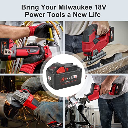 YongerTool 18V 9.0 Ah M-18 Replacement Battery for Milwaukee,9000 mAh High Output Battery Compatible with Milwaukee Red Lithium Battery 48-11-1850 48-11-1880 48-11-1862 with Battery Holder,2 Pack