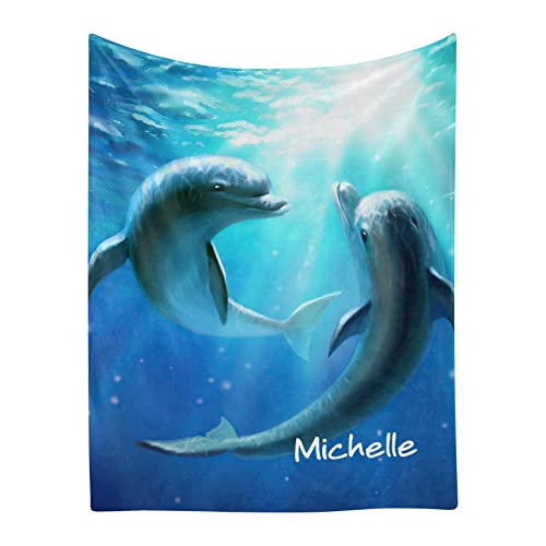 Dolphins Deep Ocean Personalized Blanket with Name Text Custom Comfort Super Soft Cozy Fleece Fashion Throw Blankets for Wedding Birthday Gift 50x60 Inch