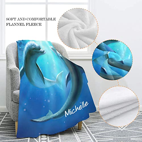 Dolphins Deep Ocean Personalized Blanket with Name Text Custom Comfort Super Soft Cozy Fleece Fashion Throw Blankets for Wedding Birthday Gift 50x60 Inch