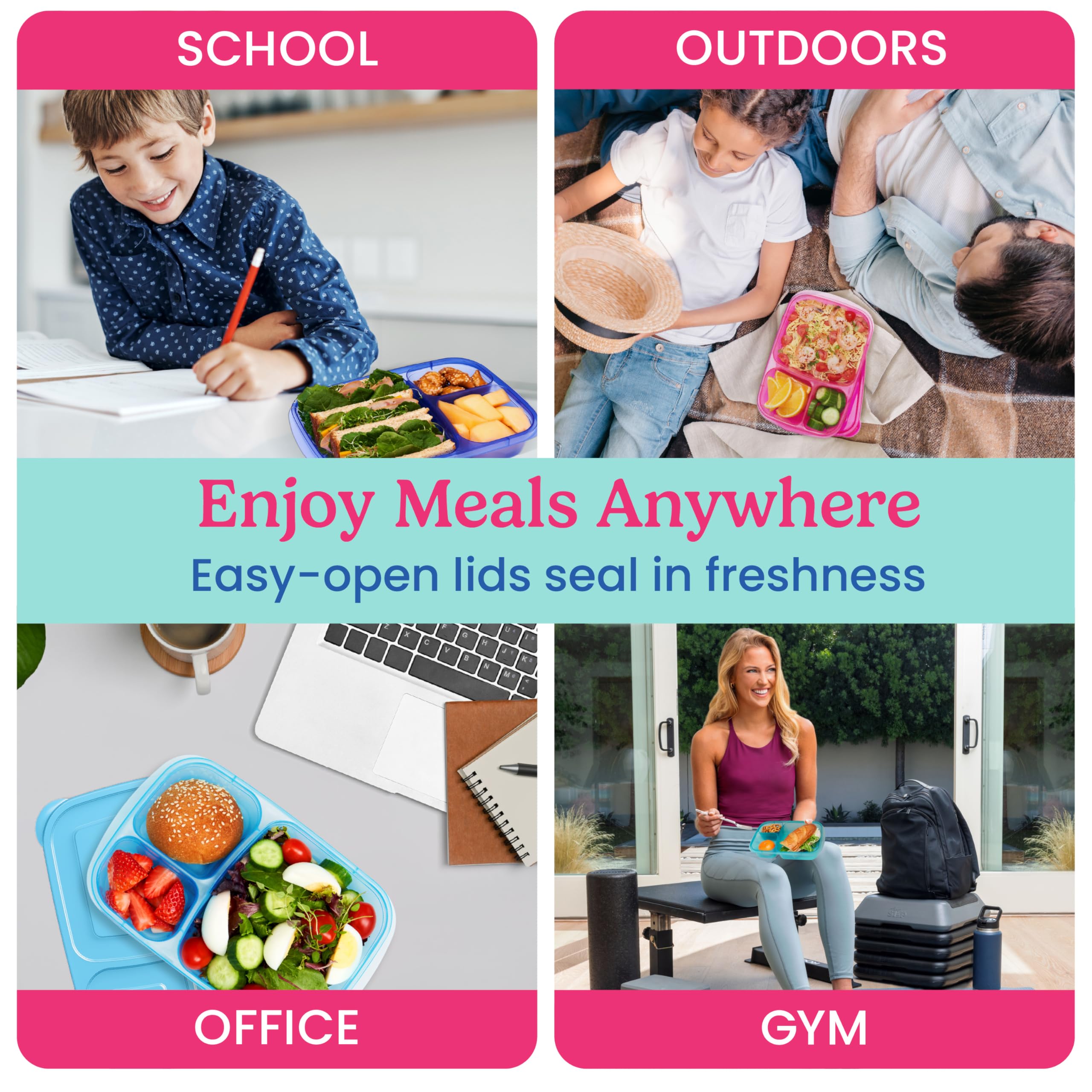 Bentgo Easyboxes - Original Stackable Lunch Boxes - Reusable 3-Compartment Food Containers for Kids and Adults - Bento Lunch Box for Meal Prep, School, & Work - BPA Free, Set of 4 (Jewel Brights)