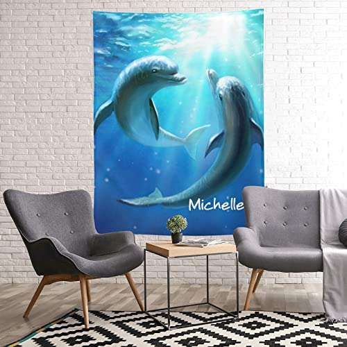 Dolphins Deep Ocean Personalized Blanket with Name Text Custom Comfort Super Soft Cozy Fleece Fashion Throw Blankets for Wedding Birthday Gift 50x60 Inch