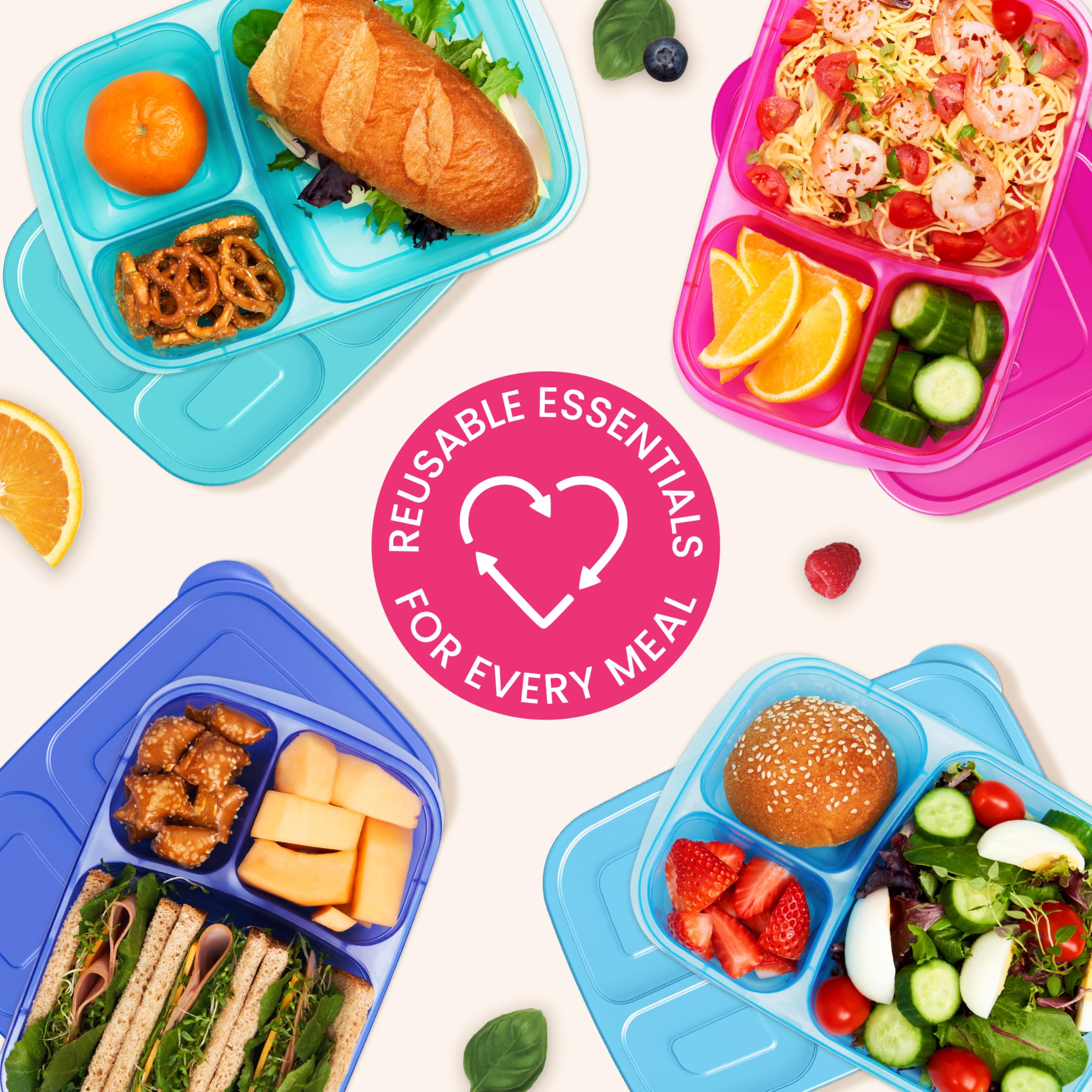 Bentgo Easyboxes - Original Stackable Lunch Boxes - Reusable 3-Compartment Food Containers for Kids and Adults - Bento Lunch Box for Meal Prep, School, & Work - BPA Free, Set of 4 (Jewel Brights)