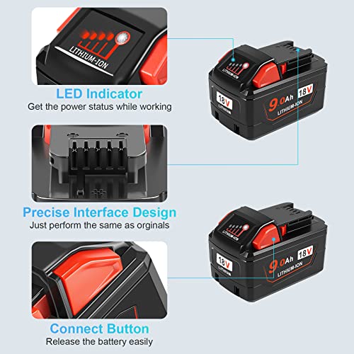 YongerTool 18V 9.0 Ah M-18 Replacement Battery for Milwaukee,9000 mAh High Output Battery Compatible with Milwaukee Red Lithium Battery 48-11-1850 48-11-1880 48-11-1862 with Battery Holder,2 Pack