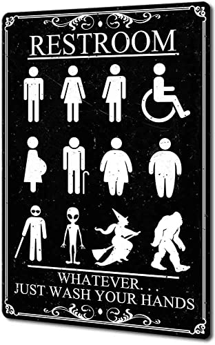 Garnamy Funny Restroom Sign Just Wash Your Hands Vintage Metal Signs Inclusive Bathroom Door Gender Sign for Toilet Home Hotel Wall Decor 8 x12 Inch, Black