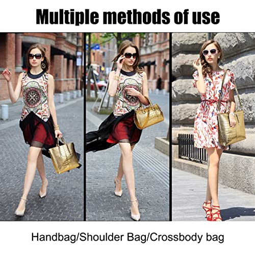 XingChen 3-PC Women PU Handbag+Shoulder Bag+Clutch Crocodile Pattern Top Handle Fashion Satchel Tote Purse Gold