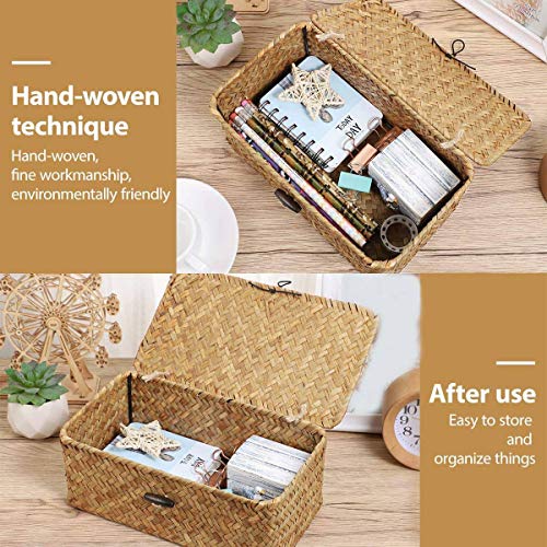 Hausdec Seagrass Hand Woven Storage Box Storage Box Storage Basket Makeup Organizer Multipurpose Container with Lid