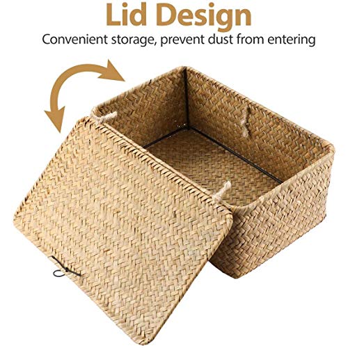 Hausdec Seagrass Hand Woven Storage Box Storage Box Storage Basket Makeup Organizer Multipurpose Container with Lid