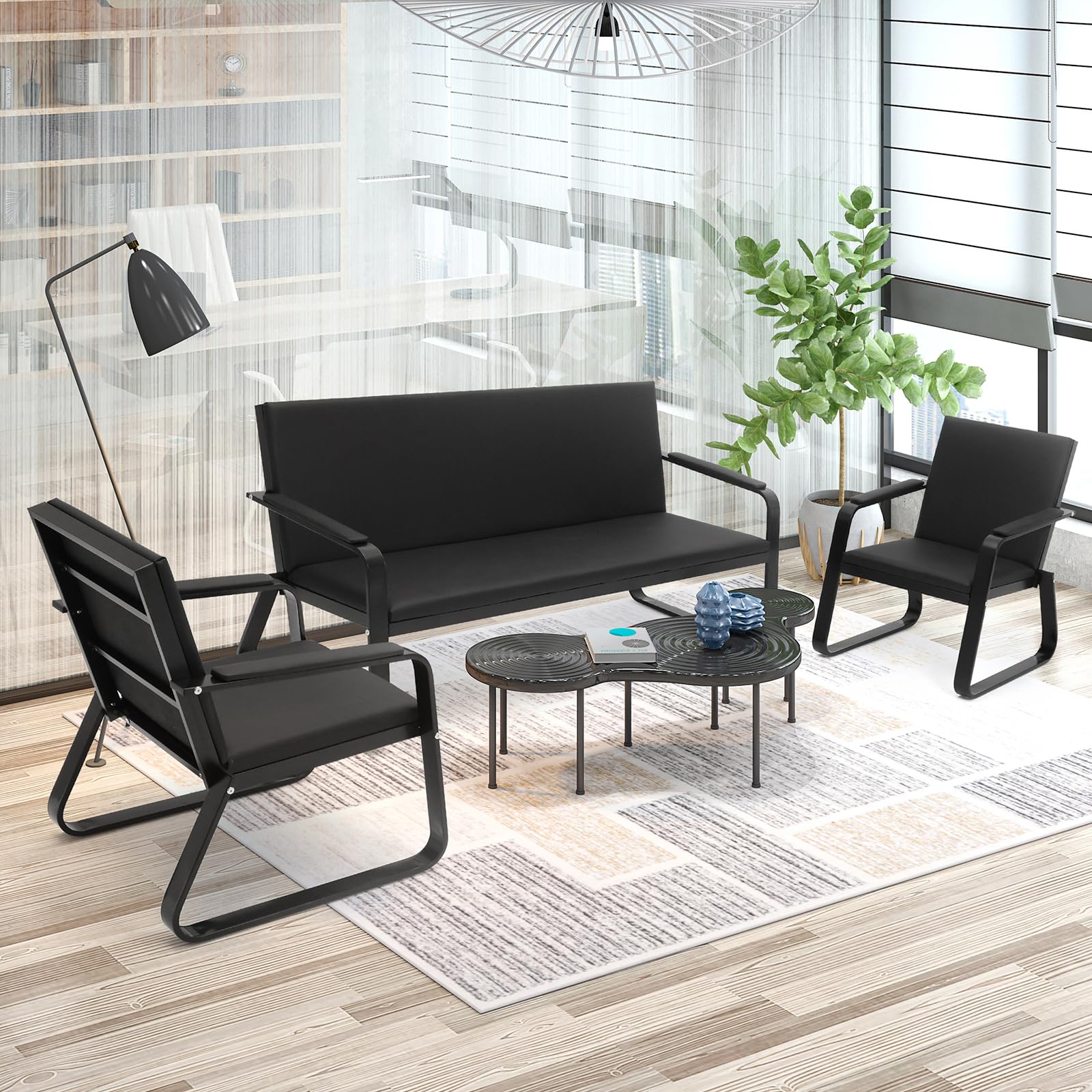 Bestmart PVC Leather 3PCS Office Reception Sofa Set Executive Side Waiting Room Visitor Guest Sofa,Dark Black