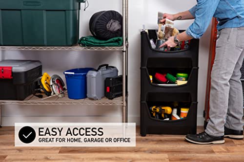 Mighty Tuff Jumbo Stackable Storage Bins, Pack of 3, Easy-Access Storage, Large Easy-To-Grip Handles, Wide Front Opening, Interlocking, Stack Vertically, Black