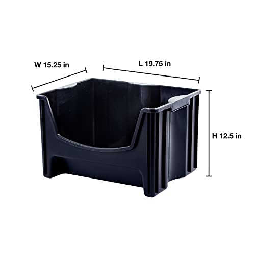 Mighty Tuff Jumbo Stackable Storage Bins, Pack of 3, Easy-Access Storage, Large Easy-To-Grip Handles, Wide Front Opening, Interlocking, Stack Vertically, Black