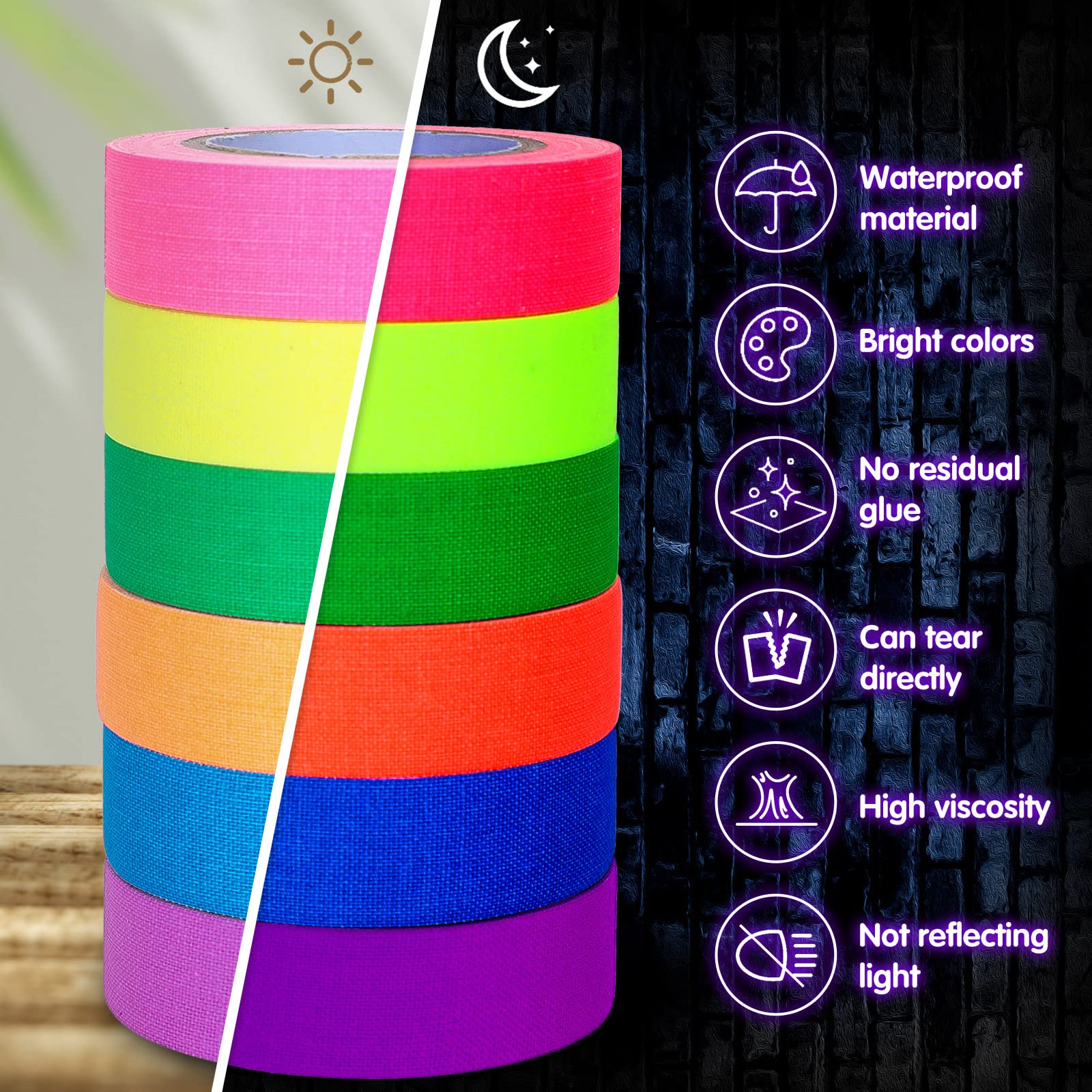 Whaline 6 Colors Neon Gaffer Cloth Tape, Fluorescent UV Blacklight Glow in The Dark Tape for UV Party (0.6 inch x 16.5 feet)