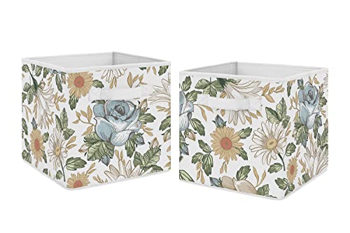 Sweet Jojo Designs Vintage Floral Blue Yellow Foldable Fabric Storage Cube Bins Boxes Organizer Toys - Set of 2 - Slate Green Gold Orange Taupe Beige Shabby Chic Rose Flower Boho Bohemian Farmhouse