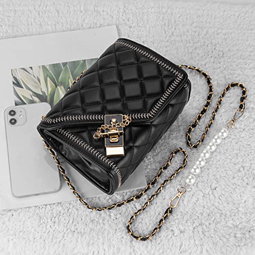 Quilted Cellphone Crossbody Purses for Women, Chain Small Black Shoulder Pearl Bag, Retro Evening Clutch Handbag for Prom, Party, Wedding, Cocktail