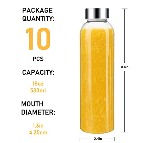 Sursip 18oz Glass Water Bottle Set of 10, Clear glass juice bottle for juicing,Reusable Drinking Bottles with Stainless Steel Lid,Beverage Storage Containers for Refrigerator-BPA Free,Leak Proof