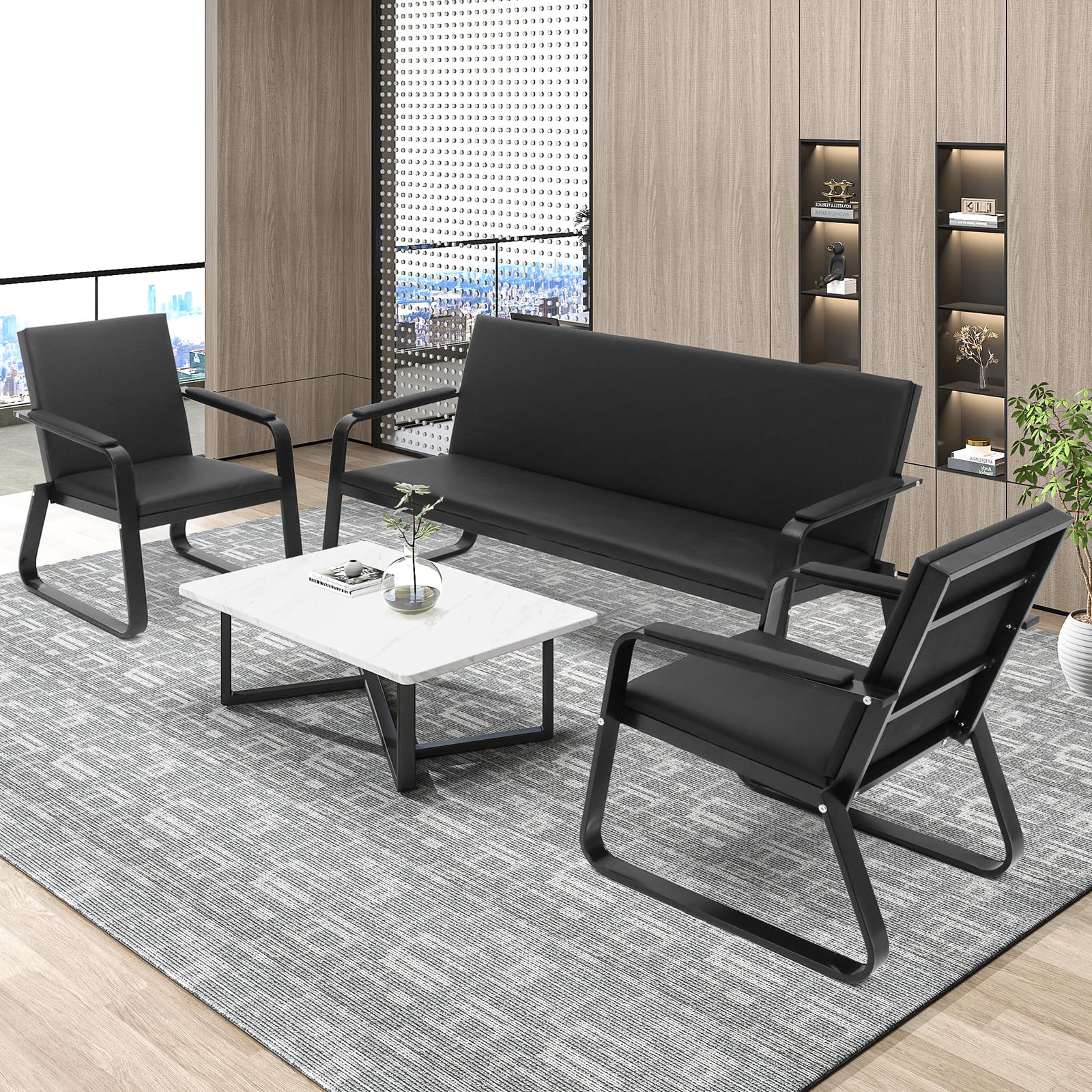 Bestmart PVC Leather 3PCS Office Reception Sofa Set Executive Side Waiting Room Visitor Guest Sofa,Dark Black
