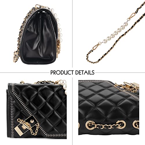 Quilted Cellphone Crossbody Purses for Women, Chain Small Black Shoulder Pearl Bag, Retro Evening Clutch Handbag for Prom, Party, Wedding, Cocktail