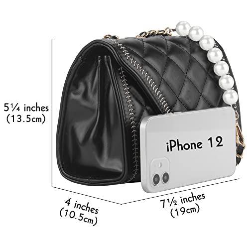 Quilted Cellphone Crossbody Purses for Women, Chain Small Black Shoulder Pearl Bag, Retro Evening Clutch Handbag for Prom, Party, Wedding, Cocktail
