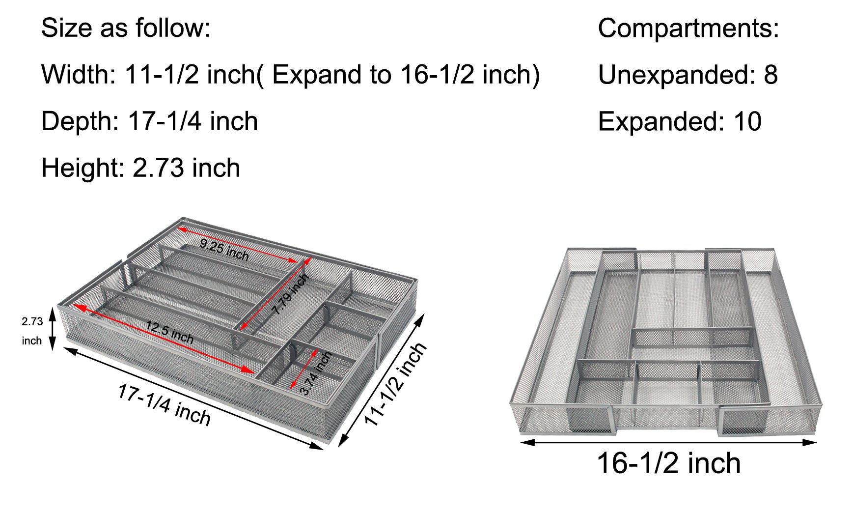 TQVAI Expandable Kitchen Drawer Organizer, 8+2 Compartments Mesh Silverware Utensils Holder, Adjustable Cutlery Flatware Tray, Silver