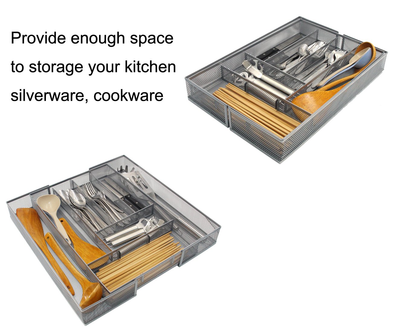 TQVAI Expandable Kitchen Drawer Organizer, 8+2 Compartments Mesh Silverware Utensils Holder, Adjustable Cutlery Flatware Tray, Silver