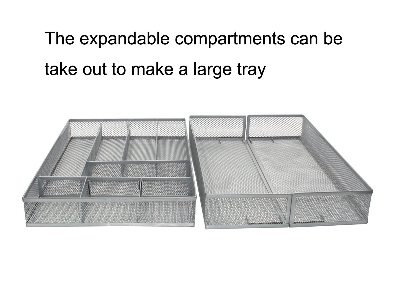 TQVAI Expandable Kitchen Drawer Organizer, 8+2 Compartments Mesh Silverware Utensils Holder, Adjustable Cutlery Flatware Tray, Silver
