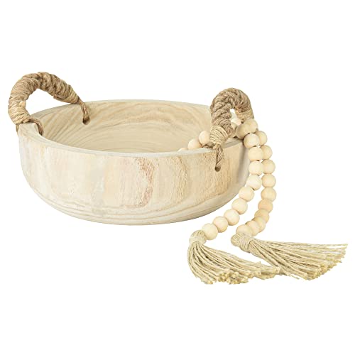 AllReal Paulownia Wood Bowl Rustic Wooden Dough Bowl for Decor Decorative Round Serving Key Bowl with Rope Handle and Wood Bead Garland for Tabletop Centerpiece Home Decor 9.5 inches