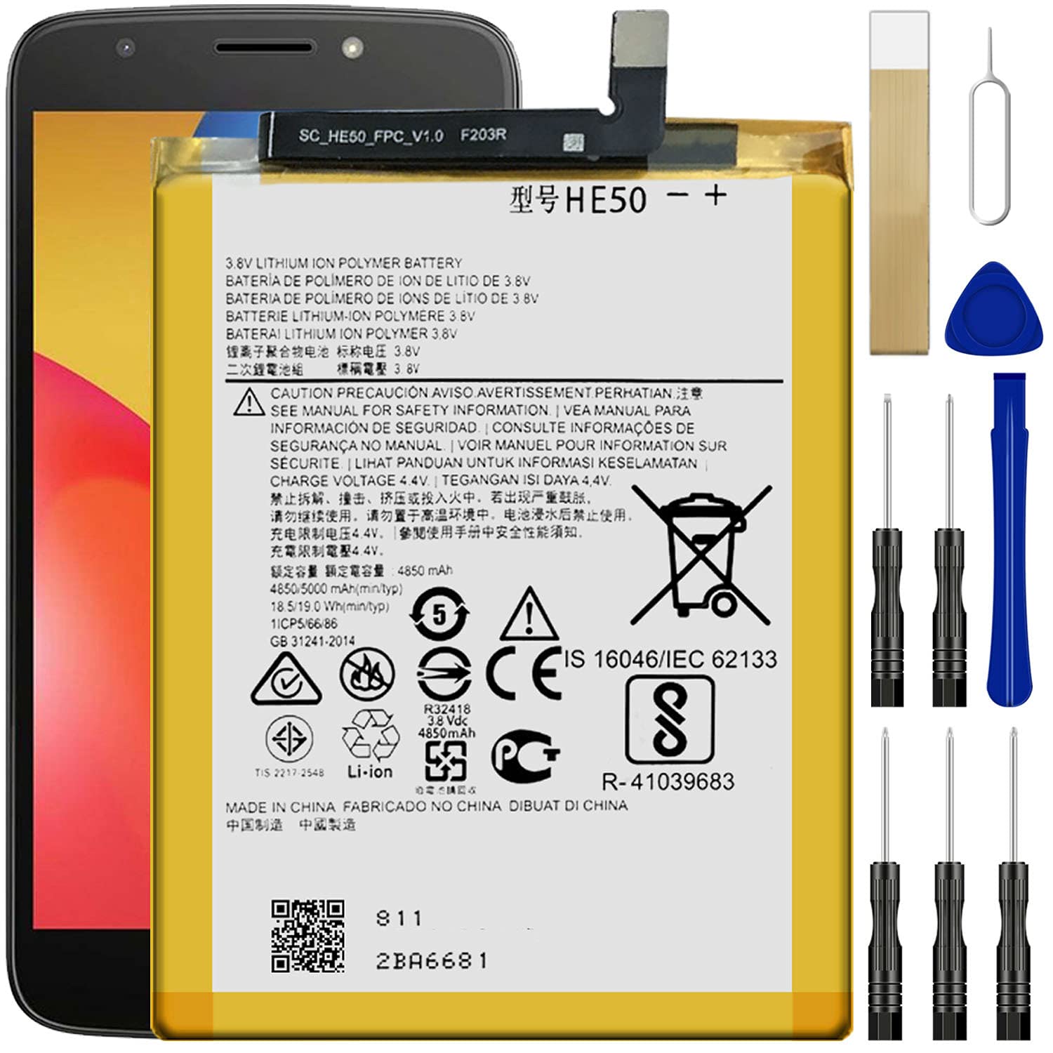 WUHAO for Cricket Motorola Moto E5 Supra XT1924-6 Replacement Battery, for HE50/SNN5989A Battery with Adhesive Tape Tool Repair Kit
