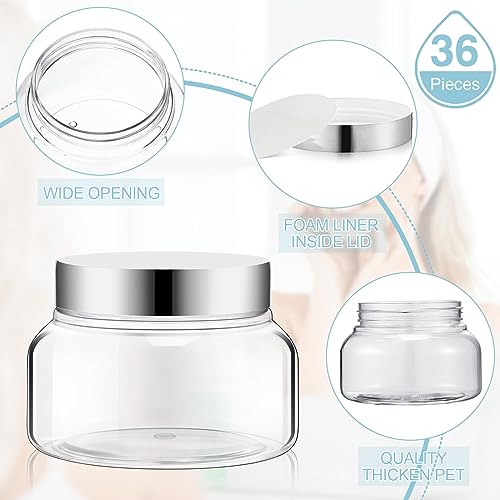 Mumufy 36 Pcs Clear Plastic Jars with Lids Round Plastic Containers Empty Travel Containers for Creams Refillable Cosmetic Jars Containers for Lotions Body Scrub Body Butter (Silver Lid,8 oz)