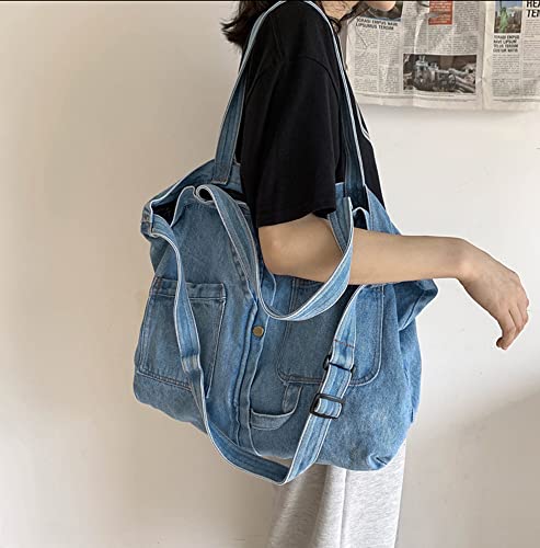 Single color Denim Canvas Handbag Cross Body Shoulder Purse Bag Tote-Handbag for Women (Light blue)