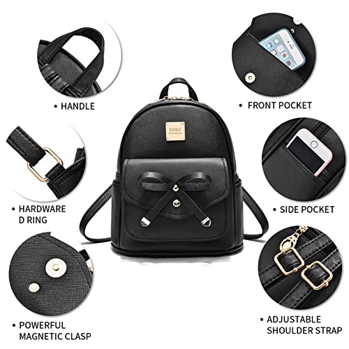 ZGWJ Girls Mini Leather Backpack Purse Bowknot Small Backpack Cute Casual Travel Daypacks Shoulder Bags for Women Black