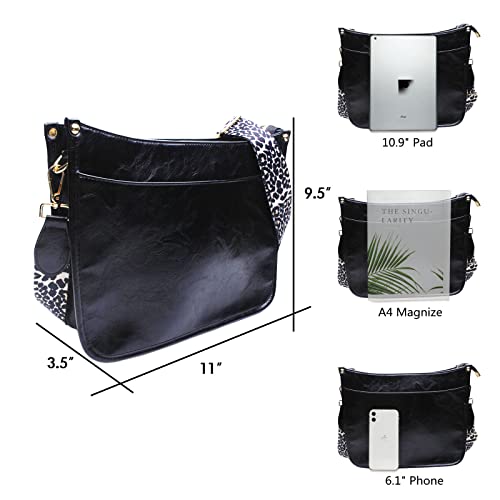 Vegan Leather Crossbody Bags for Women- Medium Size Hobo Zipped Pockets Cross-body Purse with Adjustable Leopard Strap(black)