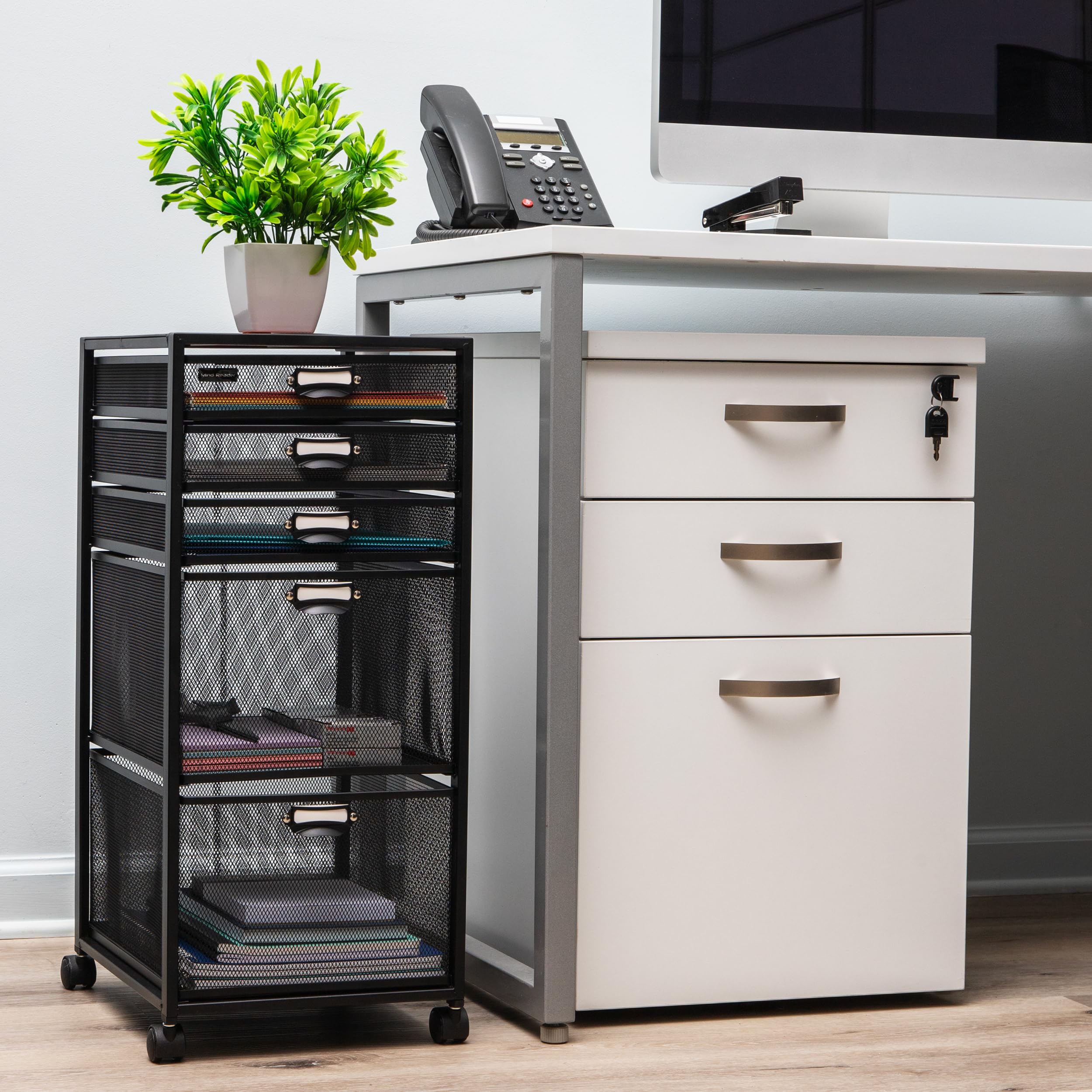 MIND READER Rolling File Cabinet with Drawers [5 Drawers] Craft Cart Organizer with Wheels, Slim Storage for Makeup, Kitchen, Utilities, Office Supplies, and Tools (BLACK MESH)