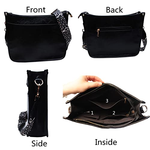 Vegan Leather Crossbody Bags for Women- Medium Size Hobo Zipped Pockets Cross-body Purse with Adjustable Leopard Strap(black)
