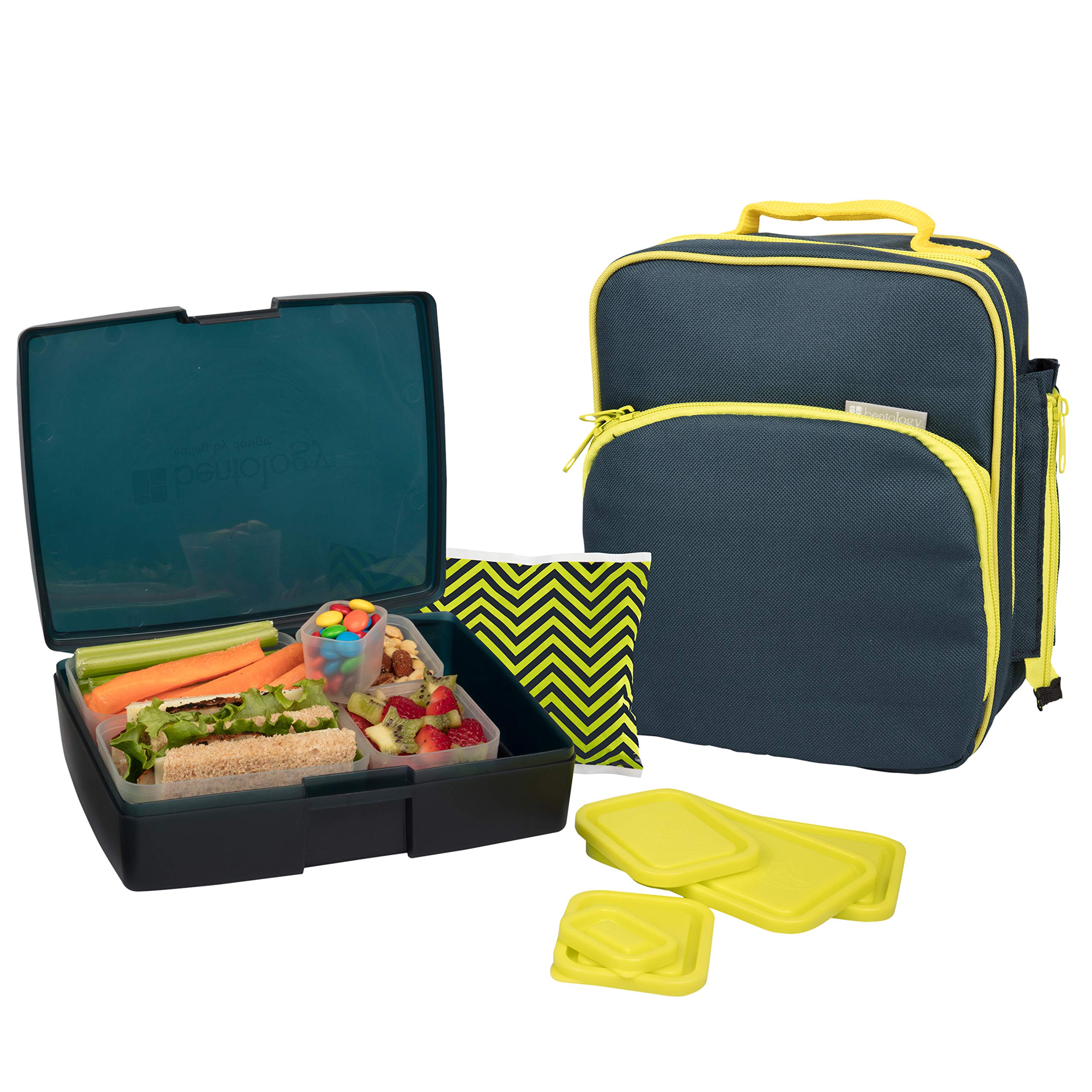 Bentology Lunch Bag and Box Set for Boys, 9 Pieces Total - Kids Insulated Lunchbox Tote, Bento Box, 5 Containers and Ice Pack - Midnight