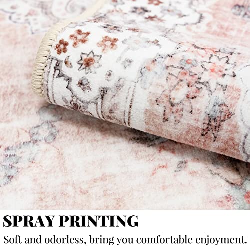 MUJOO Boho Area Rug 3'x5' Machine Washable Area Rugs Pink Small Area Rugs Non Slip for Entryway Bedroom Bedside Kitchen Hallway Living Room Laundry Room Persian Indoor Mat Soft Low-Pile Floral.
