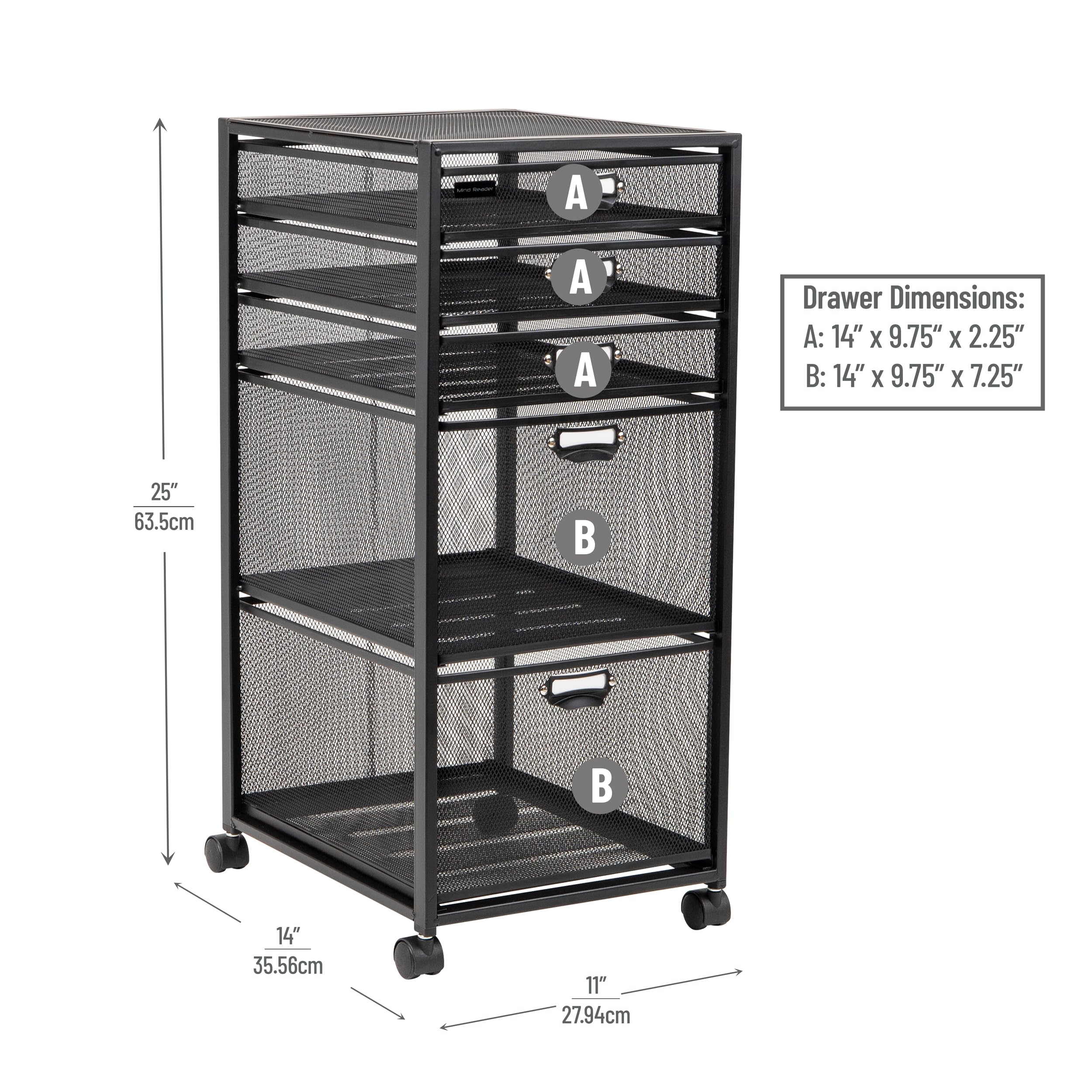 MIND READER Rolling File Cabinet with Drawers [5 Drawers] Craft Cart Organizer with Wheels, Slim Storage for Makeup, Kitchen, Utilities, Office Supplies, and Tools (BLACK MESH)
