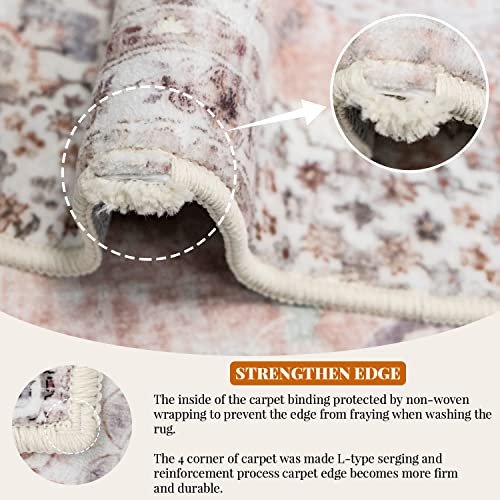 MUJOO Boho Area Rug 3'x5' Machine Washable Area Rugs Pink Small Area Rugs Non Slip for Entryway Bedroom Bedside Kitchen Hallway Living Room Laundry Room Persian Indoor Mat Soft Low-Pile Floral.
