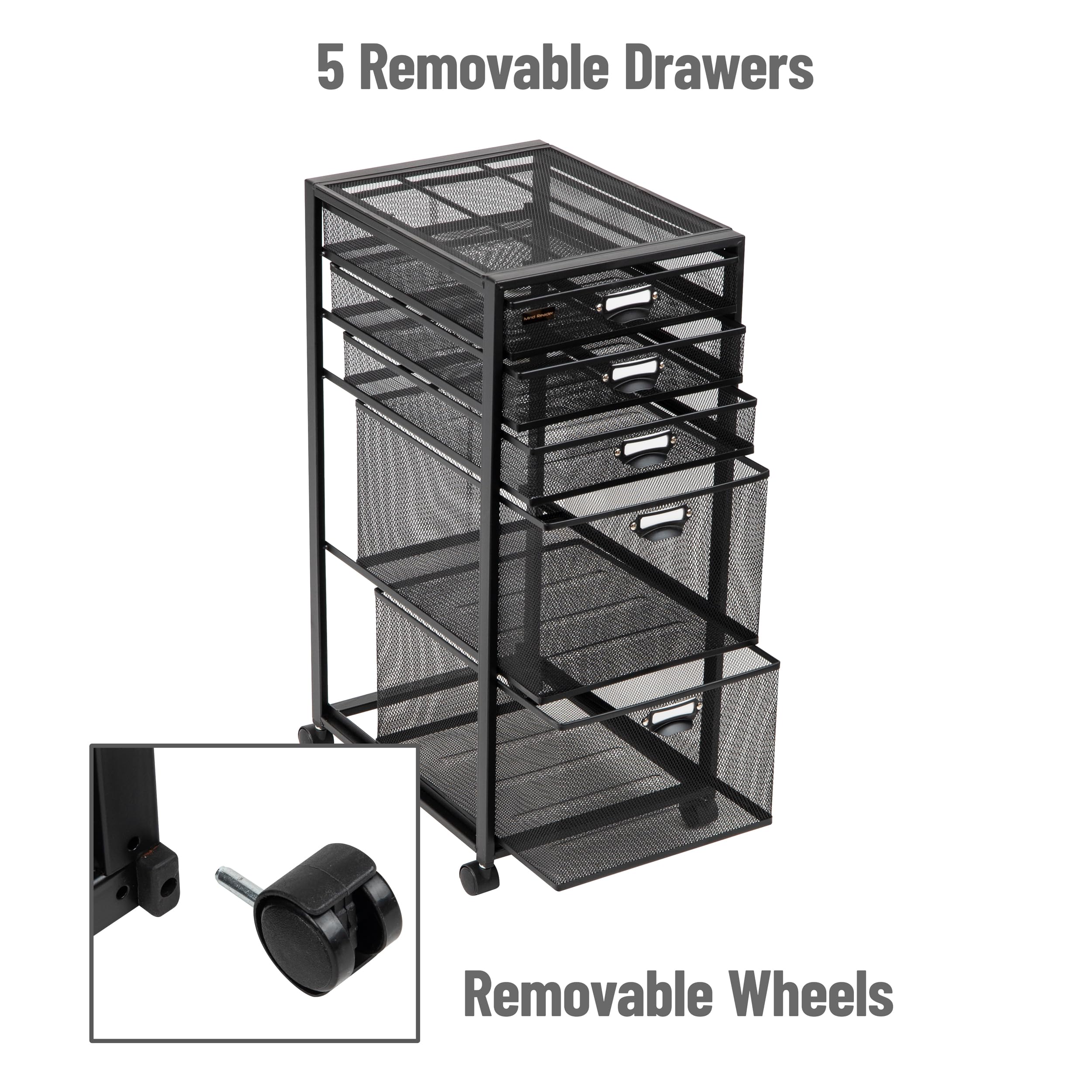 MIND READER Rolling File Cabinet with Drawers [5 Drawers] Craft Cart Organizer with Wheels, Slim Storage for Makeup, Kitchen, Utilities, Office Supplies, and Tools (BLACK MESH)
