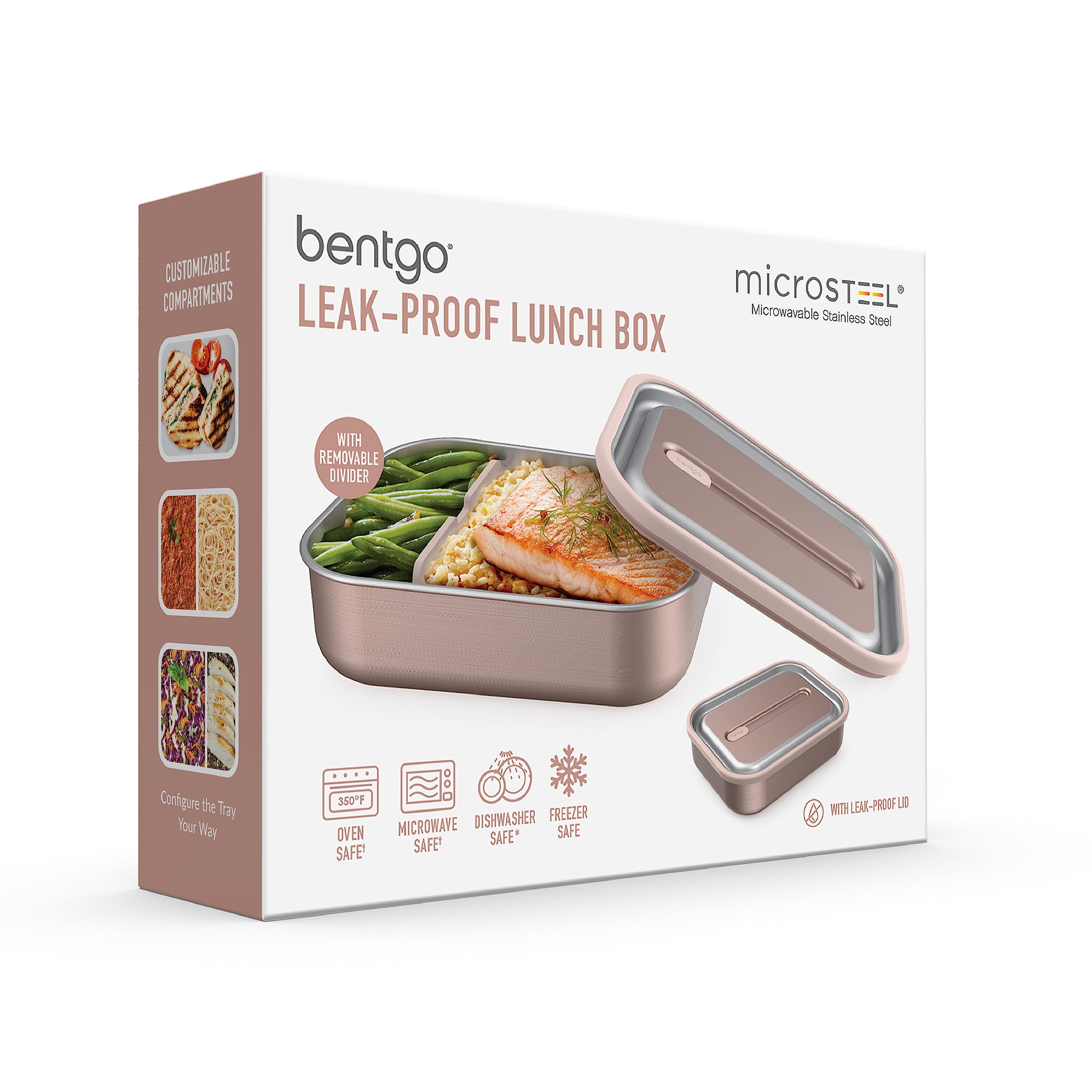 Bentgo® MicroSteel® Leak-Proof Lunch Box - Microwave-Safe, Oven-Safe, Bento-Style Container with Removable Divider, Airtight Lid, Sustainable Design, Odor & Stain Resistant (Rose Gold)