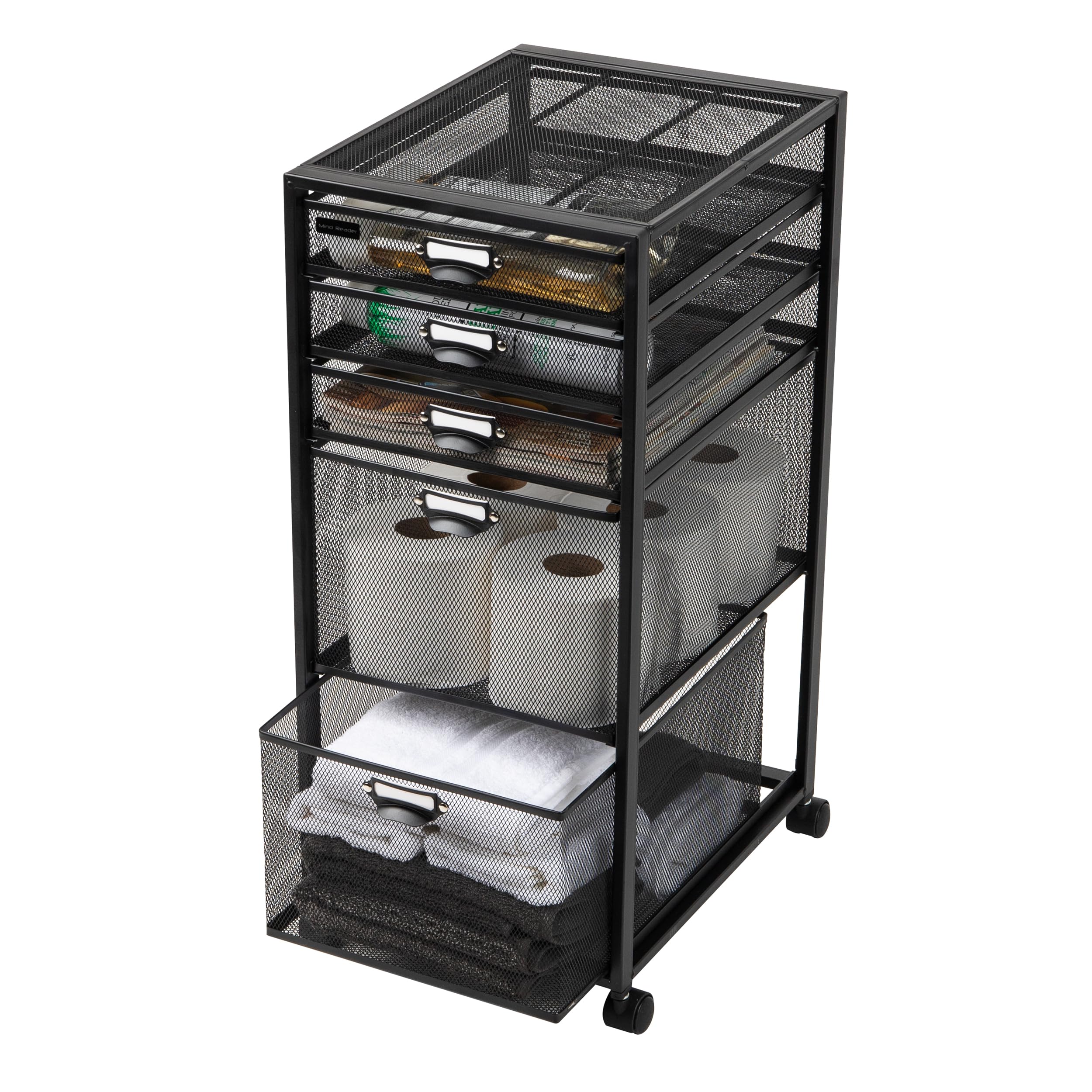 MIND READER Rolling File Cabinet with Drawers [5 Drawers] Craft Cart Organizer with Wheels, Slim Storage for Makeup, Kitchen, Utilities, Office Supplies, and Tools (BLACK MESH)