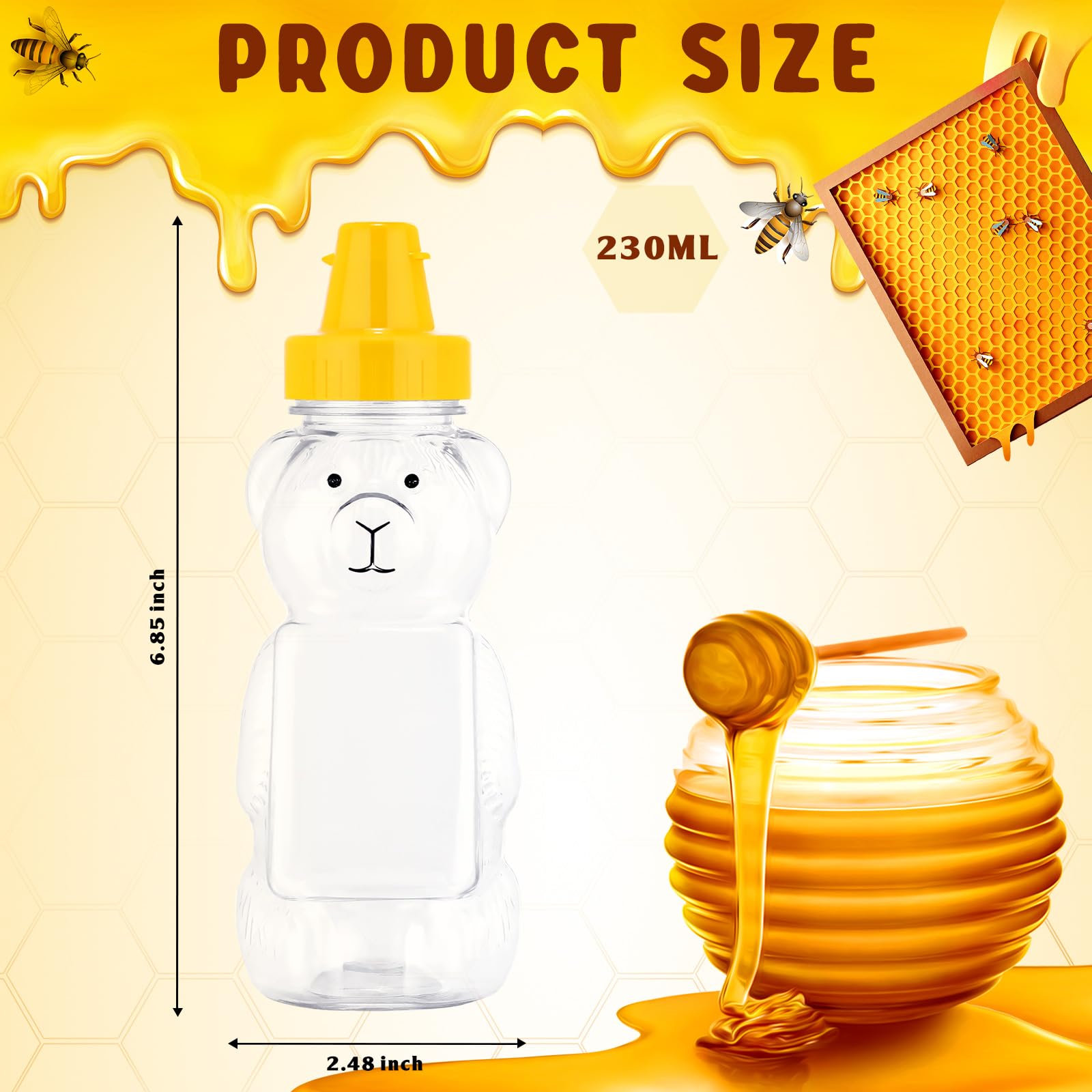 Hushee 72 Pcs 8 oz Plastic Honey Bear Bottle Empty Honey Squeeze Bottle with Spill Proof and Leak Resistant Lid Bear Juice Bottle Drinking Cup for Baby Shower Gifts, Beekeeping, Honey Dispensing
