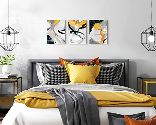 Abstract Wall Art Canvas 3 Piece Pictures for Living Room Wall Decoration Framed Yellow Black and Grey Art Wall Decor for Bedroom Bathroom Decor teal Modern Wall Prints Home Decorations