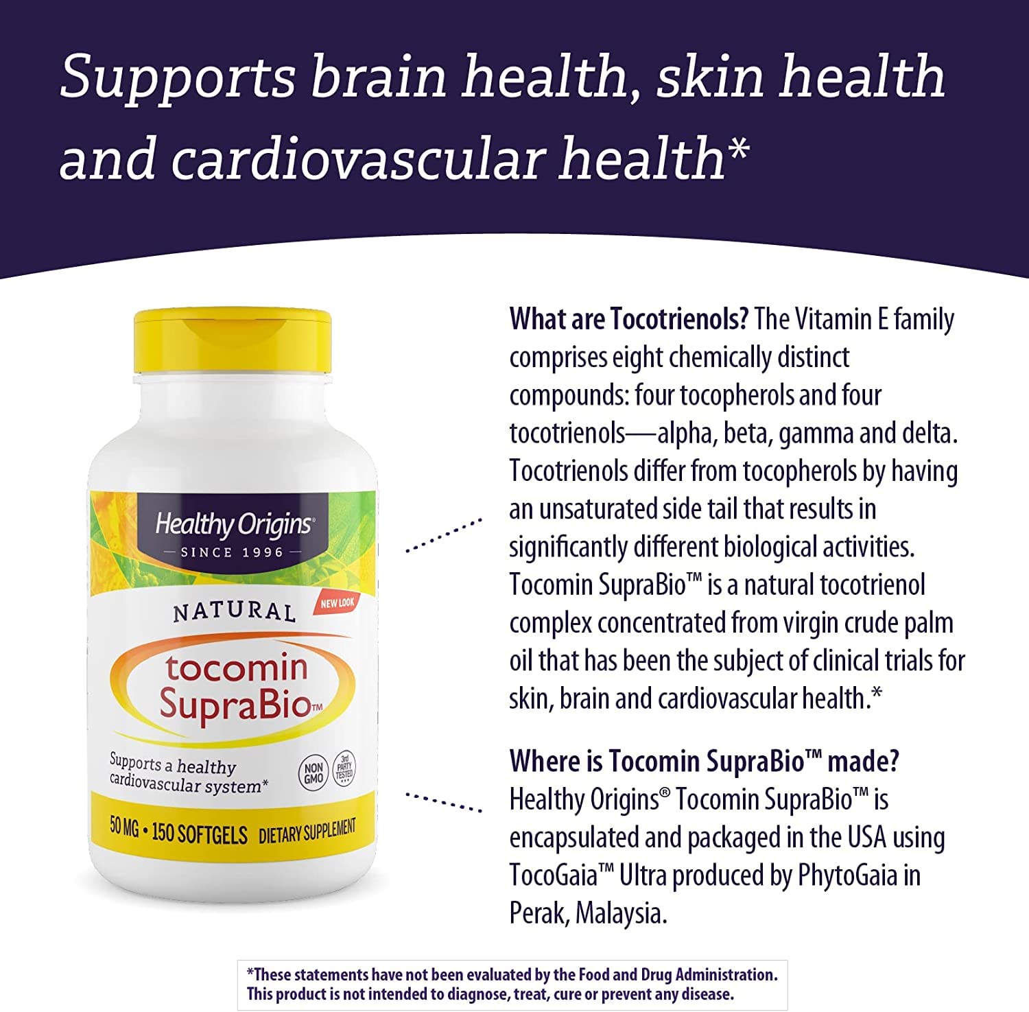 Healthy Origins Tocomin SupraBio (Tocotrienols), 50 mg - Supports Heart Health & Cardiovascular System - Tocotrienol & Vitamin E Supplement - Gluten-Free Skin Support - 150 Softgels