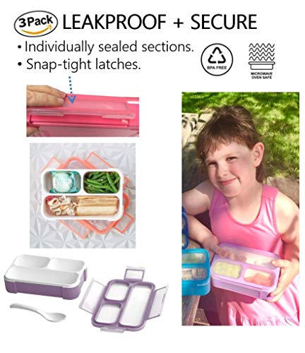 kinsho MINI Lunch-Box Snack Containers for Kids | SMALL Bento-Box Portion Container | Toddler Pre-School | Leak-proof Boxes for Work, Travel | Best for Adults Boys Girls | Pink Purple, Coral 3 pack