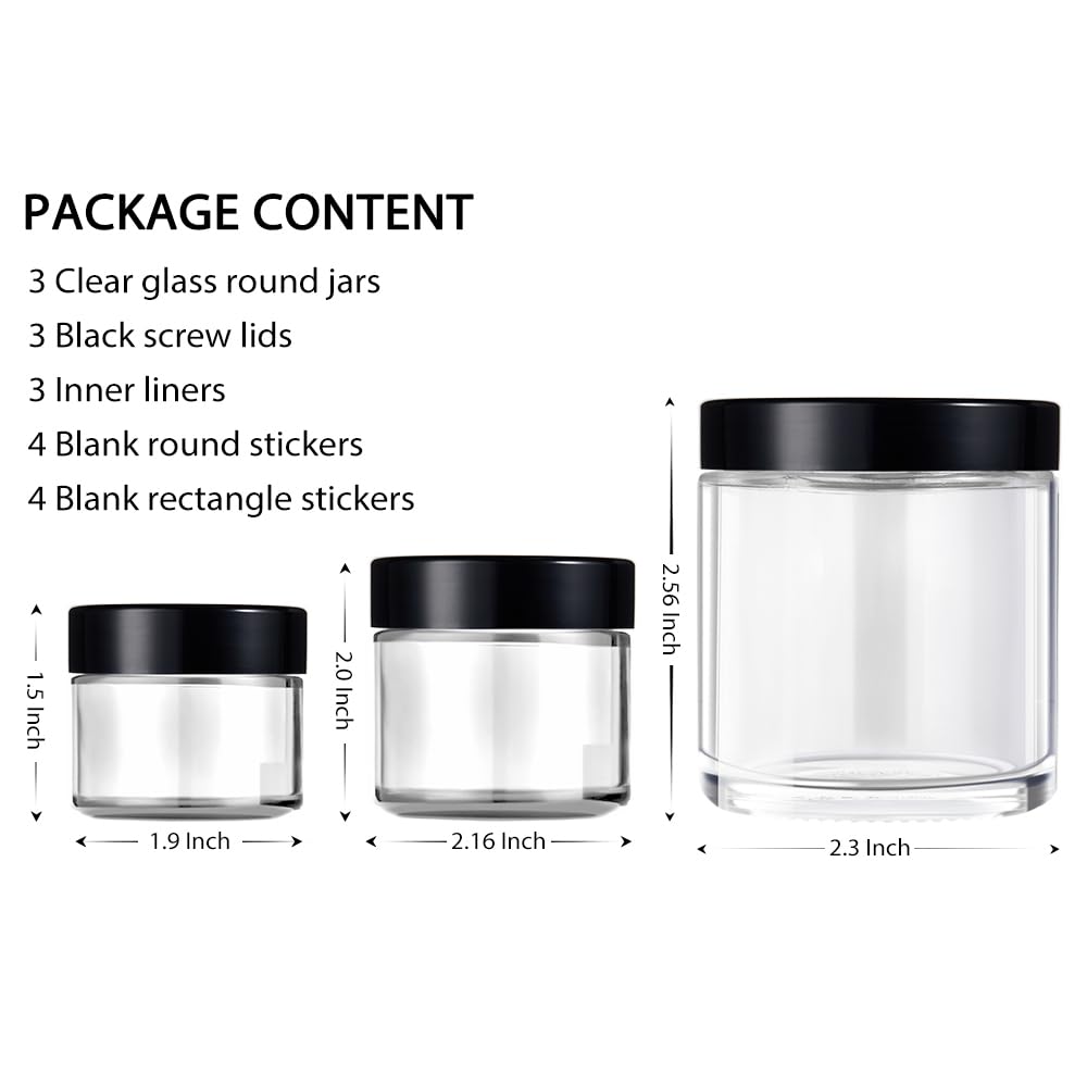 Small Glass Containers with Lids, Tecohouse 4 oz, 2 oz and 1 oz Clear Glass Jars with Lids & Inner Liners, Mini Travel Toiletries Container for Slime, Makeup, Cream, Lotion, Cosmetic - 3 pack