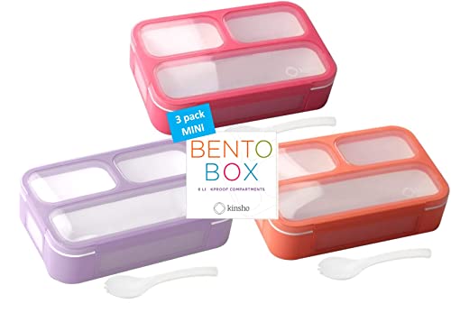 kinsho MINI Lunch-Box Snack Containers for Kids | SMALL Bento-Box Portion Container | Toddler Pre-School | Leak-proof Boxes for Work, Travel | Best for Adults Boys Girls | Pink Purple, Coral 3 pack