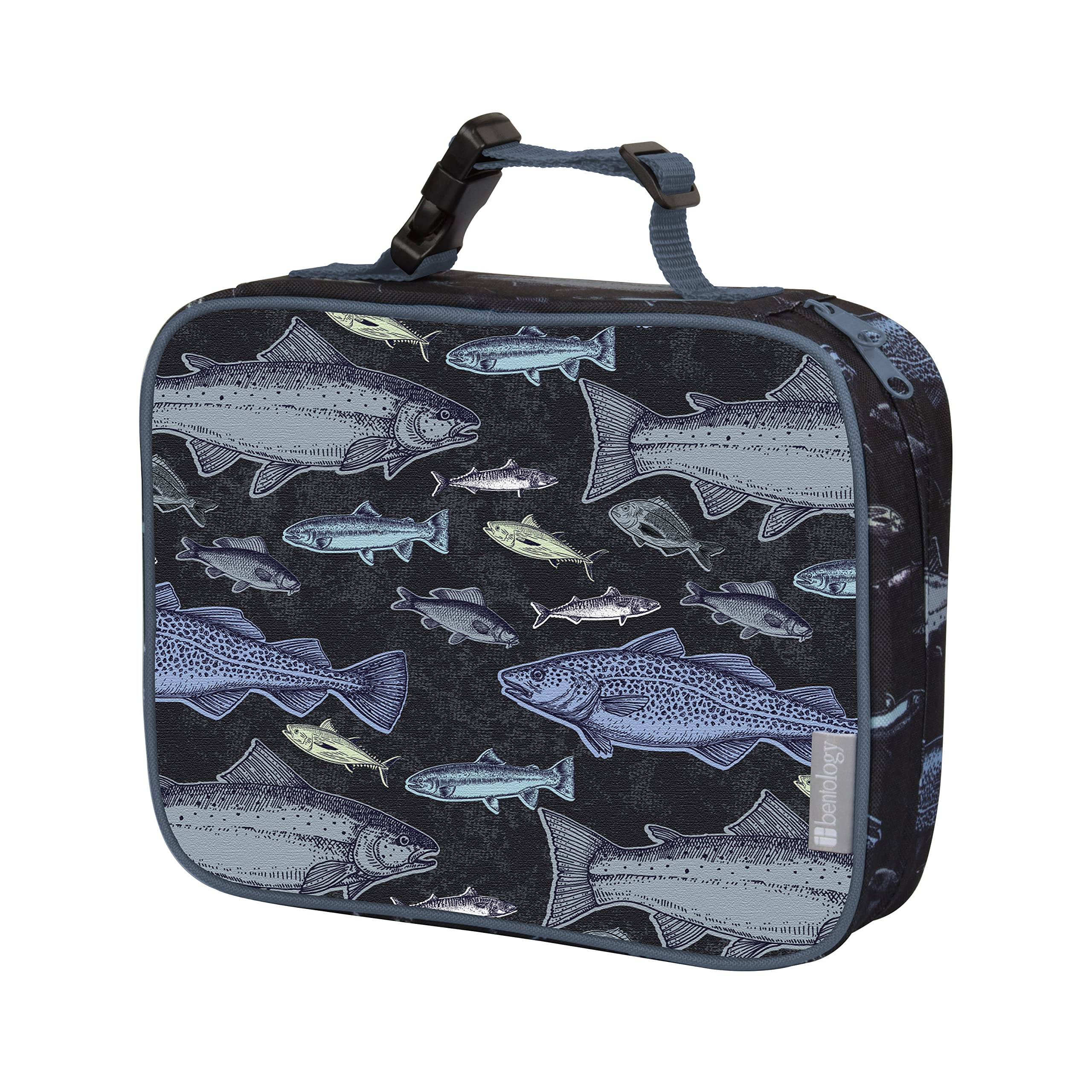Bentology Lunch Bag and Box Set for Kids - Boys Insulated Lunchbox Tote, Bento Box, 5 Containers and Ice Pack - 9 Pieces - Fish