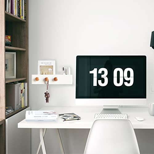 Bedside Floating Shelf with Wooden Hooks, Wall Adhesive Shelf in Bedroom, Bathroom, Dorm, Storage Organizer for Phone, Glasses, Tv Remote, Keys, Headphones (White)