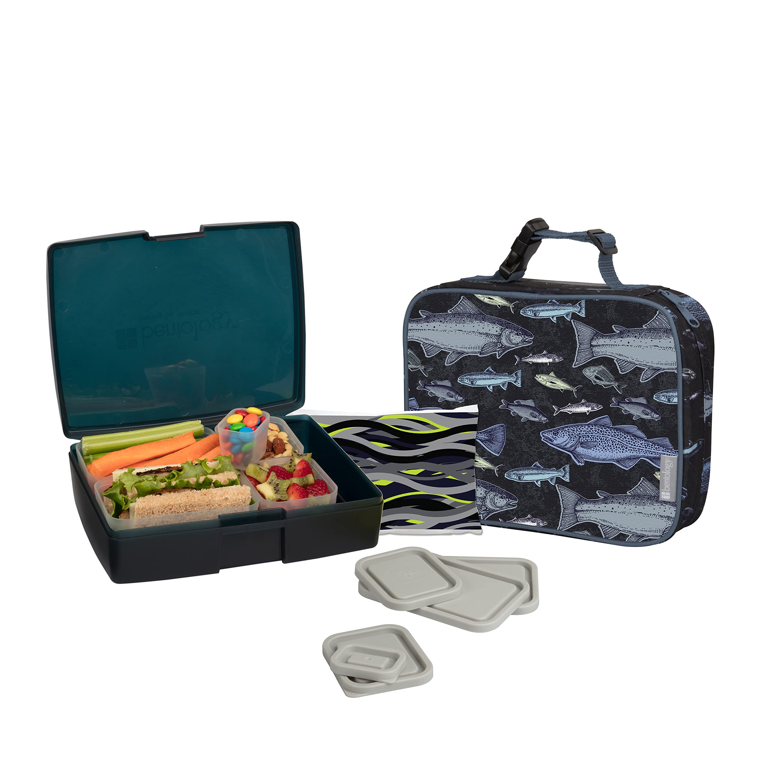 Bentology Lunch Bag and Box Set for Kids - Boys Insulated Lunchbox Tote, Bento Box, 5 Containers and Ice Pack - 9 Pieces - Fish