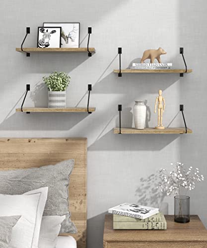 lamplig Floating Shelves Wall Mounted Set of 4, Rustic Wood Wall Storage Shelves with Black Metal Bracket Home Decor Storage Organizer for Bedroom, Living Room, Bathroom, Kitchen, Office