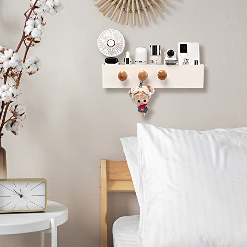 Bedside Floating Shelf with Wooden Hooks, Wall Adhesive Shelf in Bedroom, Bathroom, Dorm, Storage Organizer for Phone, Glasses, Tv Remote, Keys, Headphones (White)